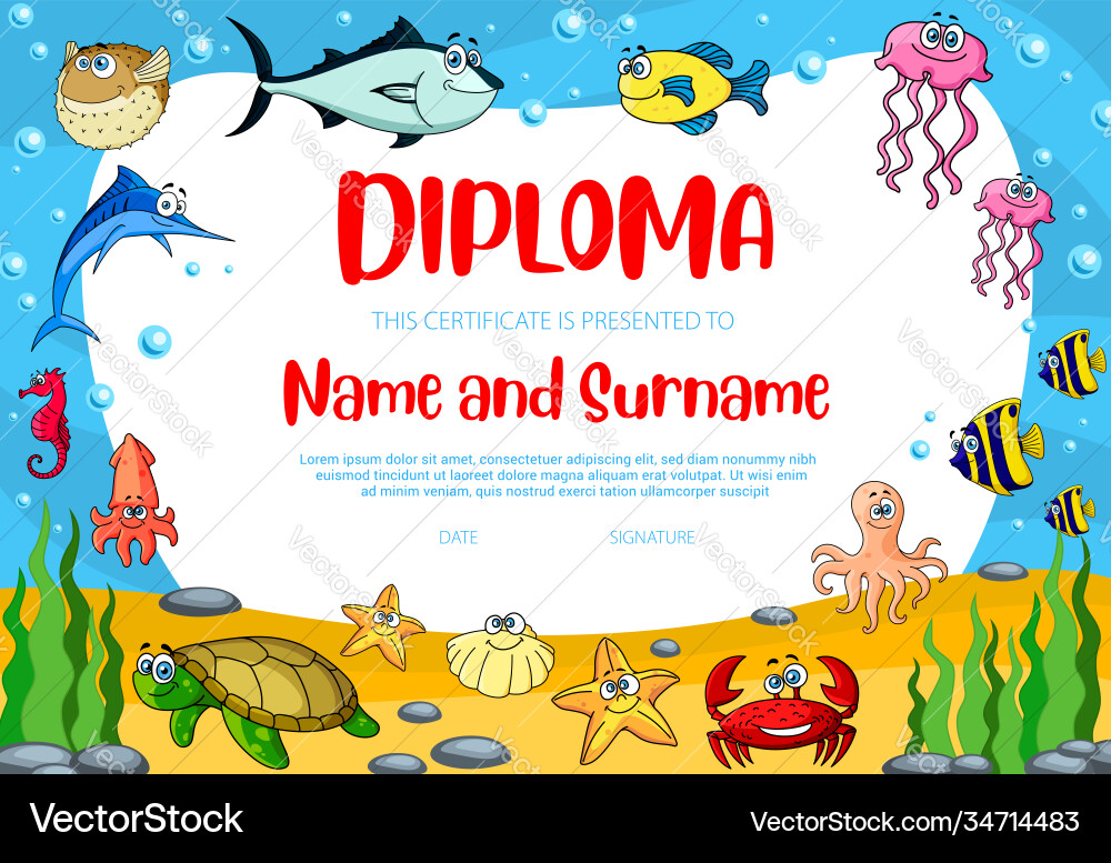 Kids Graduation Diploma - Ocean Animals Royalty Free Vector