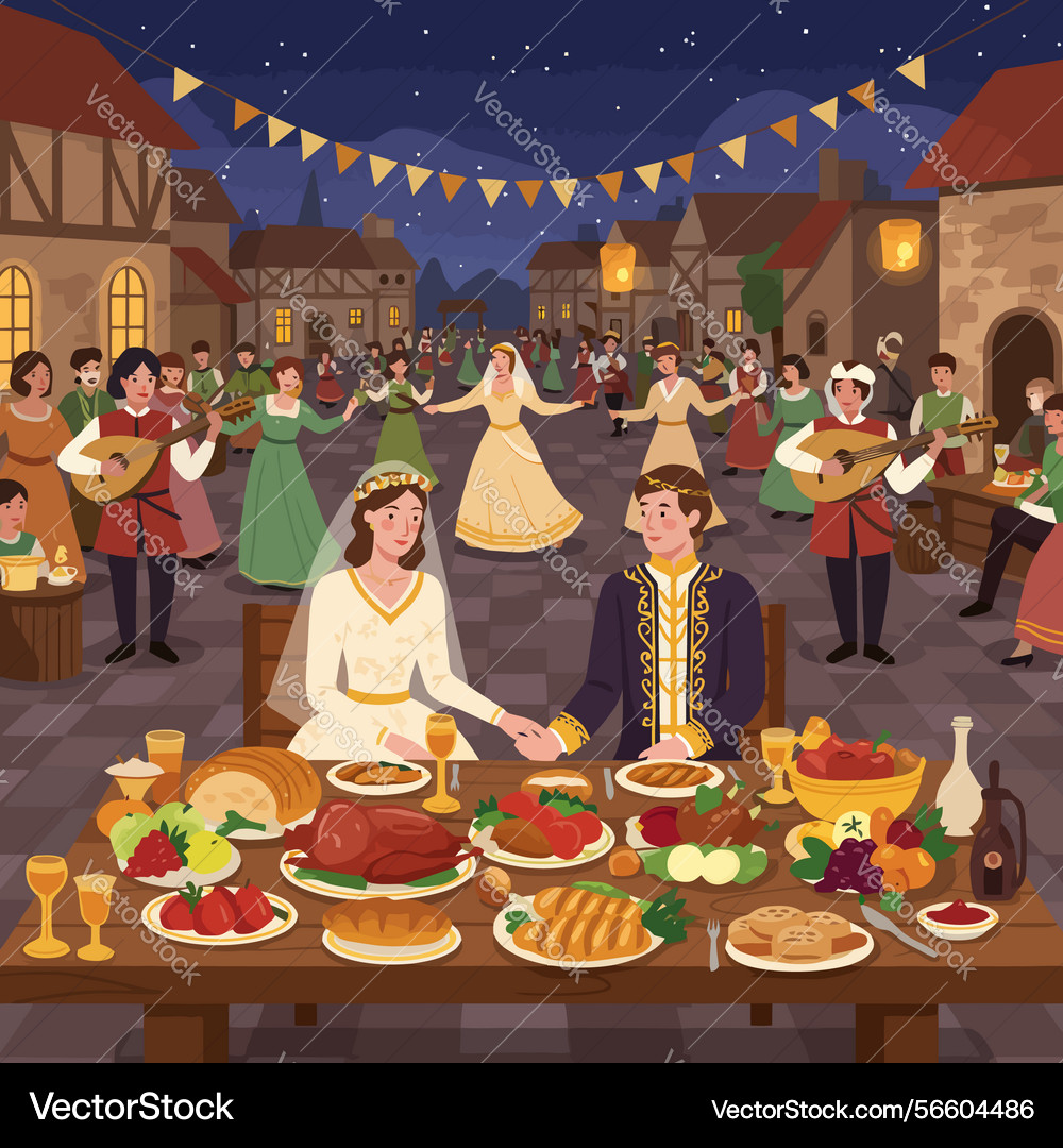 Medieval wedding feast in town square Royalty Free Vector
