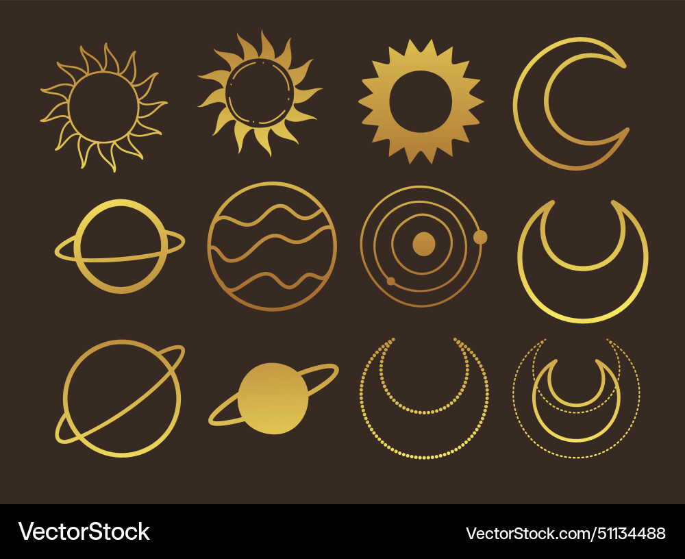 Celestial objects set moon sun stars planets Vector Image