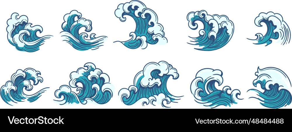 Ocean storm round wave set Royalty Free Vector Image