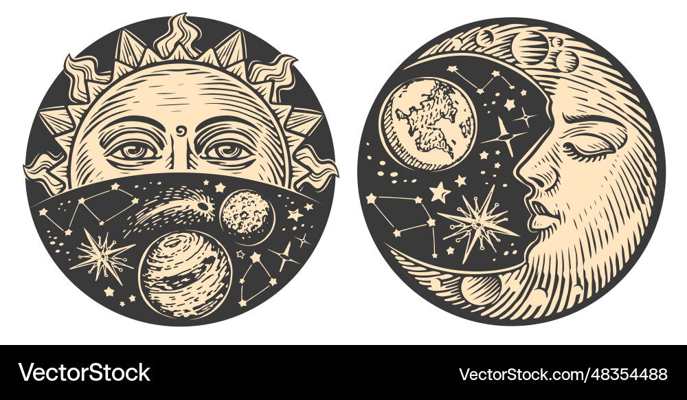 Sun and moon with face engraving style drawing Vector Image