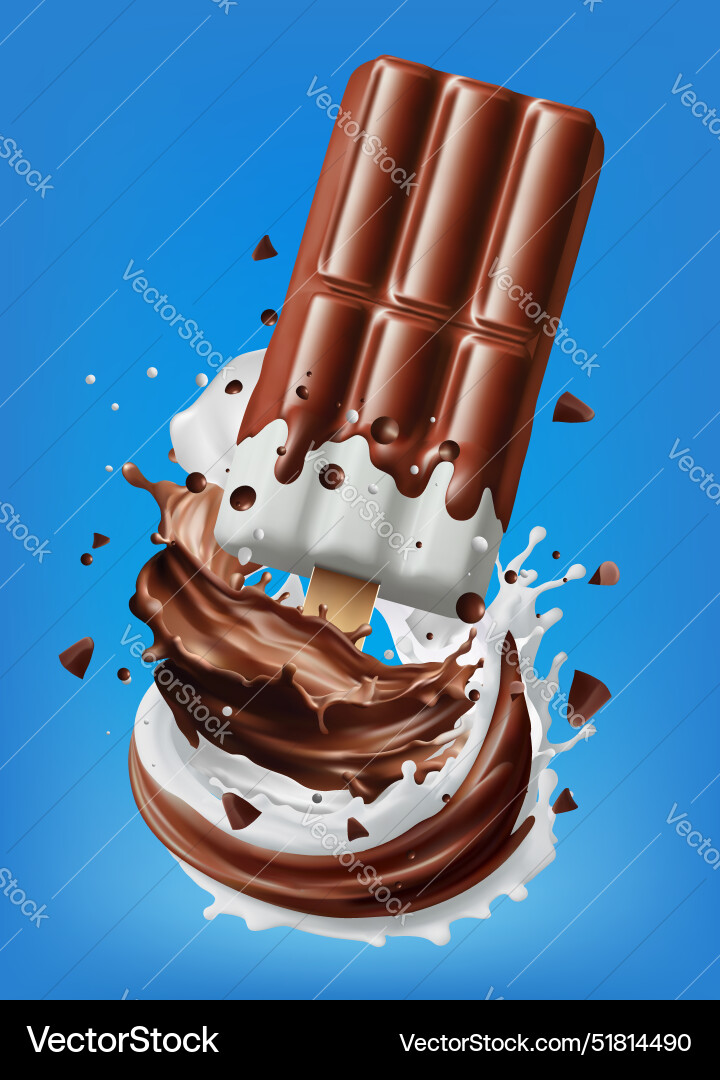Dark chocolate ice cream popsicle in a splash Vector Image