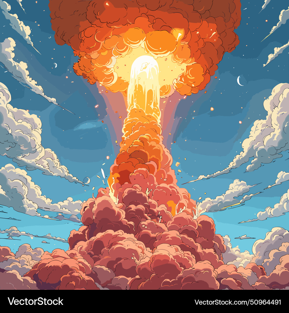 Big blast in cartoon style fire explosion on blue Vector Image