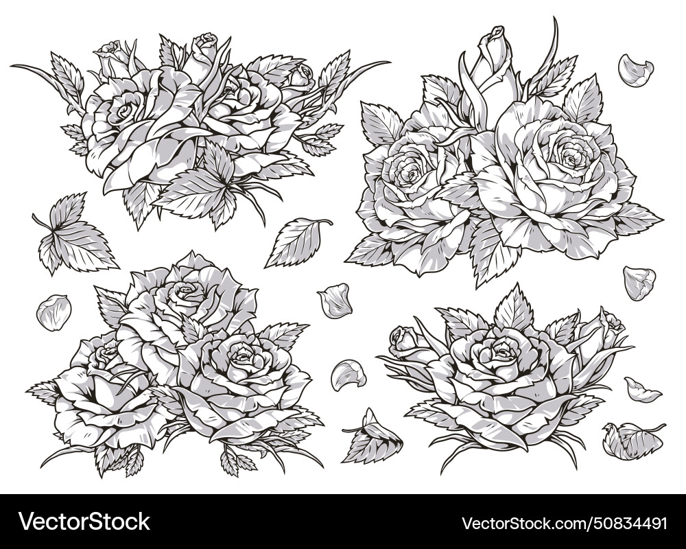 Blooming flowers set stickers monochrome Vector Image