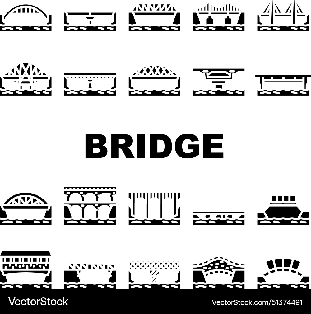 Bridge road river construction icons set Vector Image