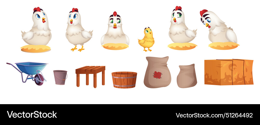 Cartoon hens garden tools and dried haystack Vector Image