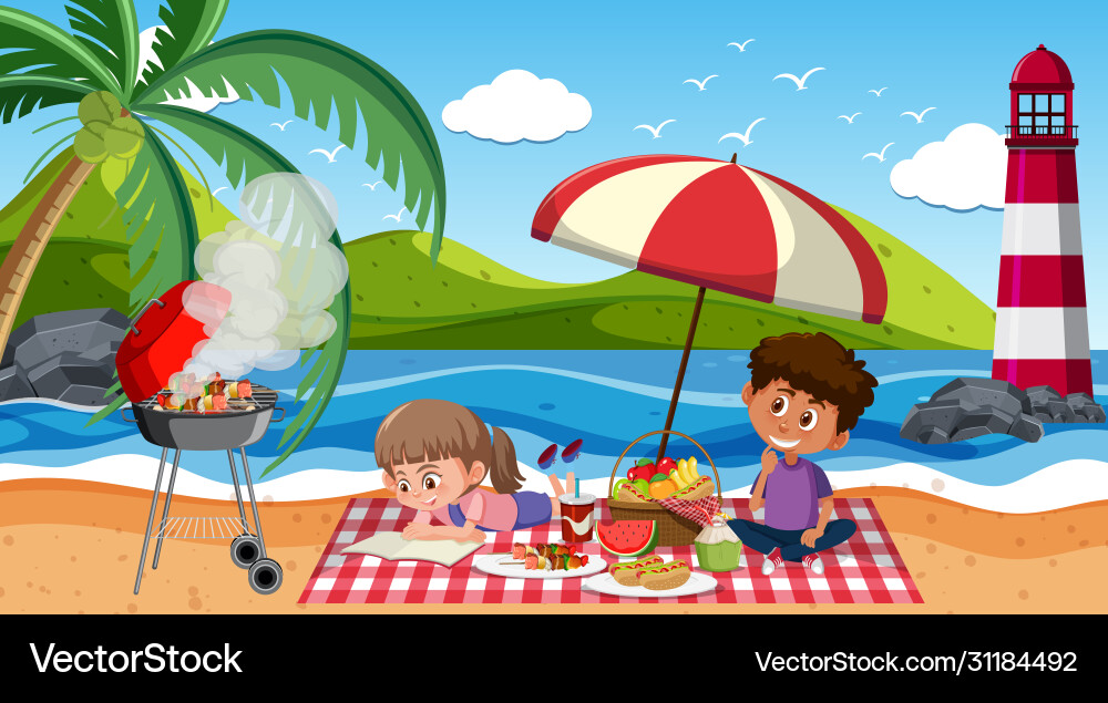 Scene with kids having picnic on beach Royalty Free Vector