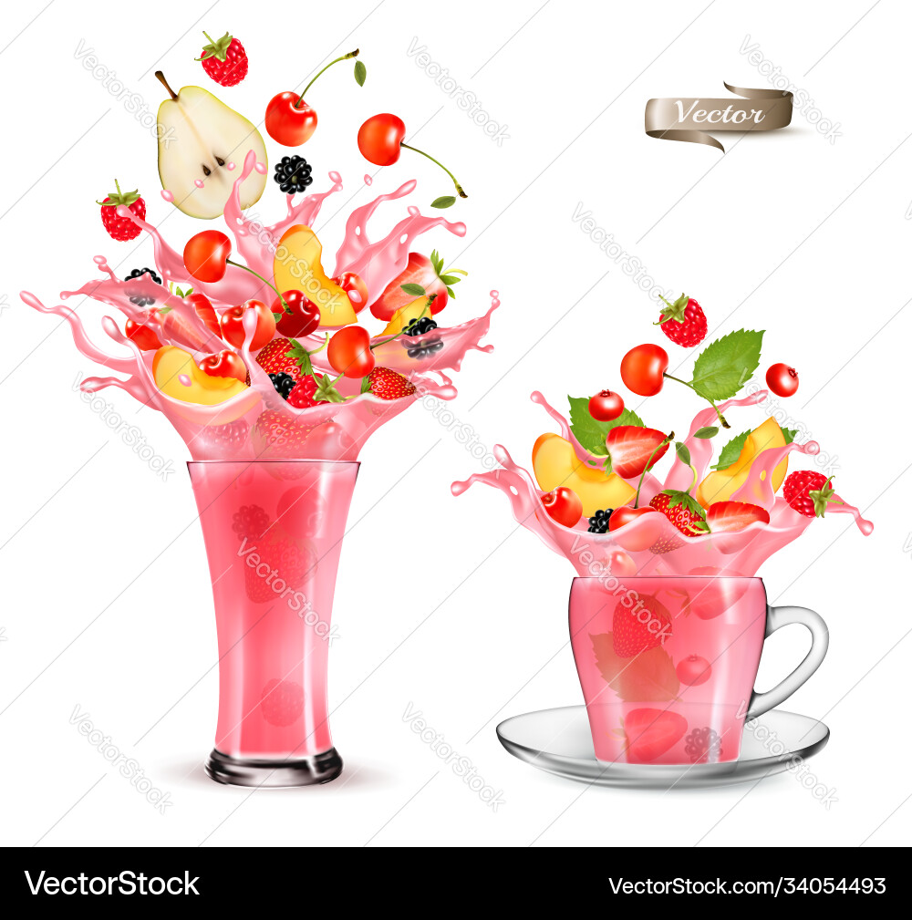 Pink berry juice splash whole and sliced Vector Image