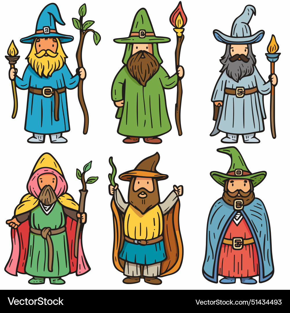 Six cartoon wizards various outfits staffs Vector Image