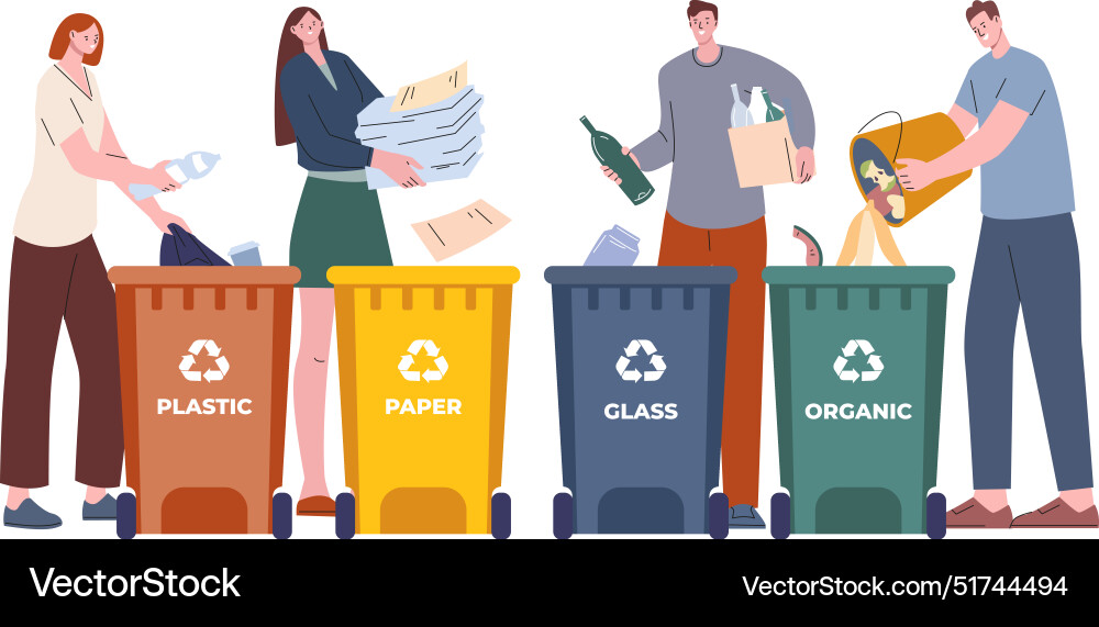 People sorting waste plastic bins for paper glass Vector Image