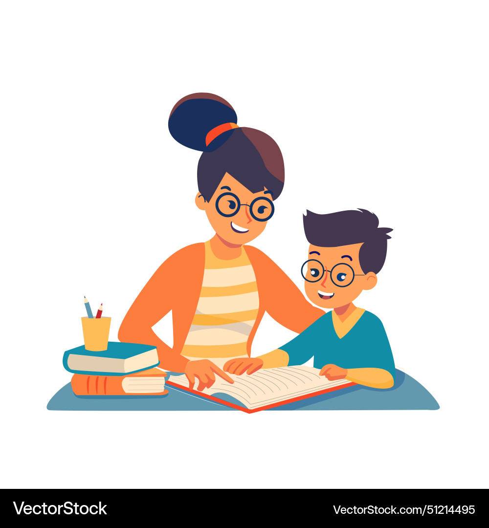A woman is helping child with their homework Vector Image