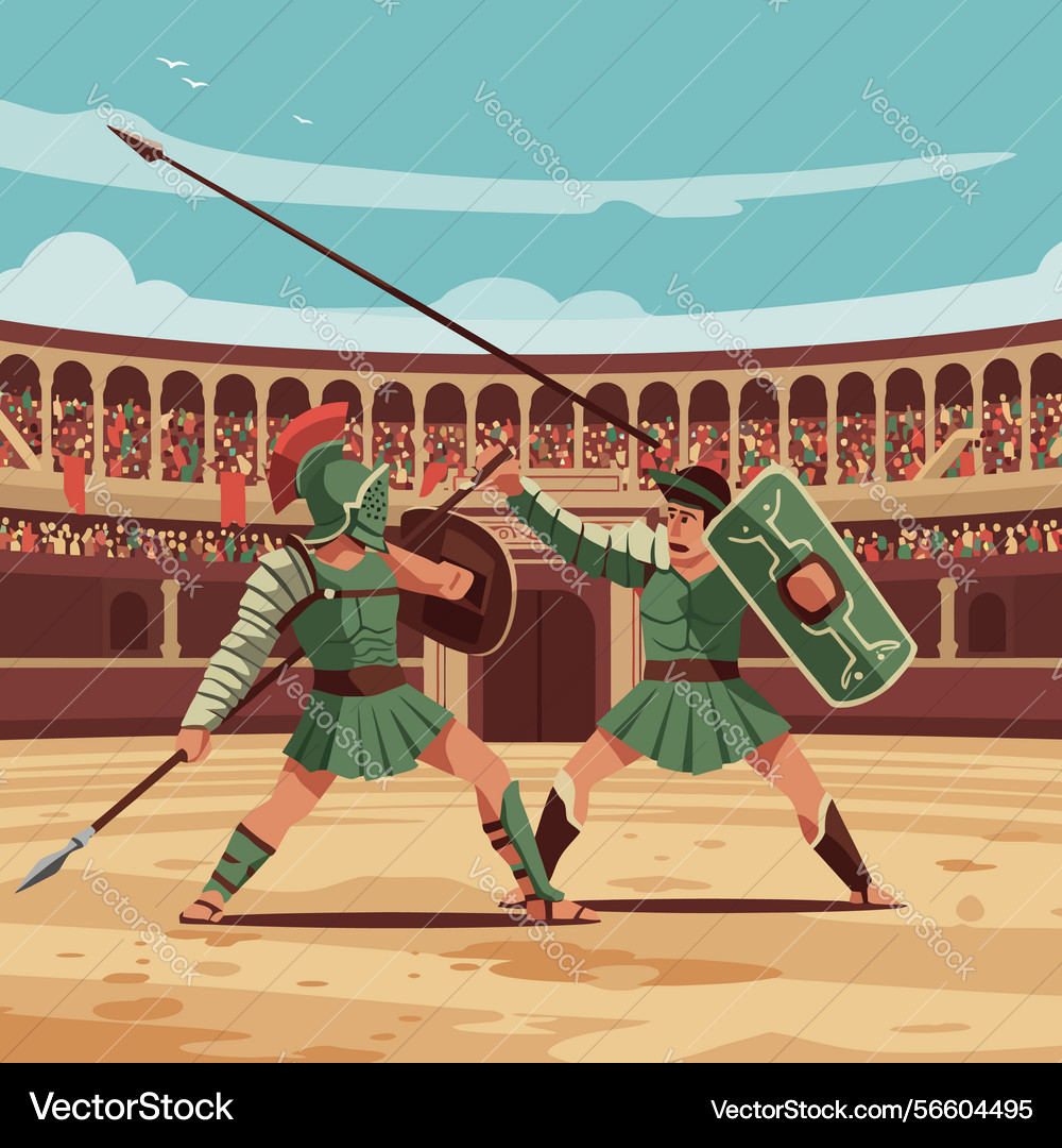 Gladiators fight in arena with shields and spears Vector Image