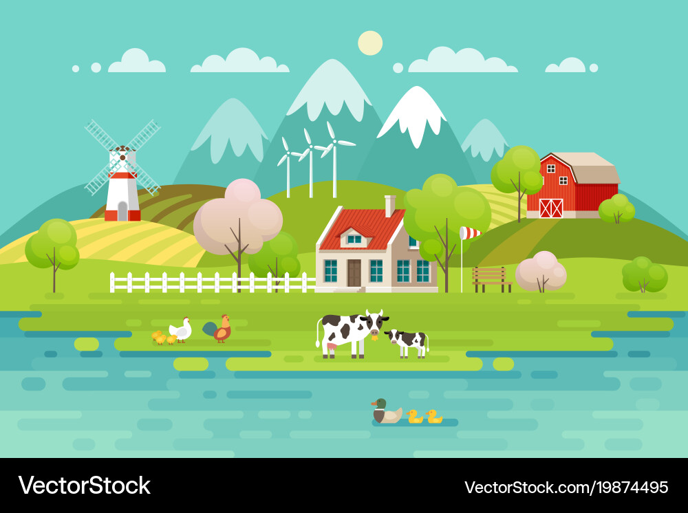 Spring village landscape eco living Royalty Free Vector