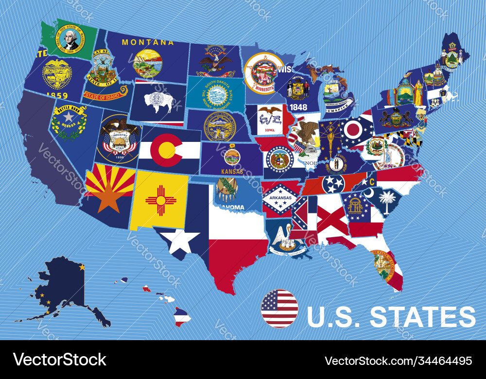 Usa map with flags states on blue background Vector Image
