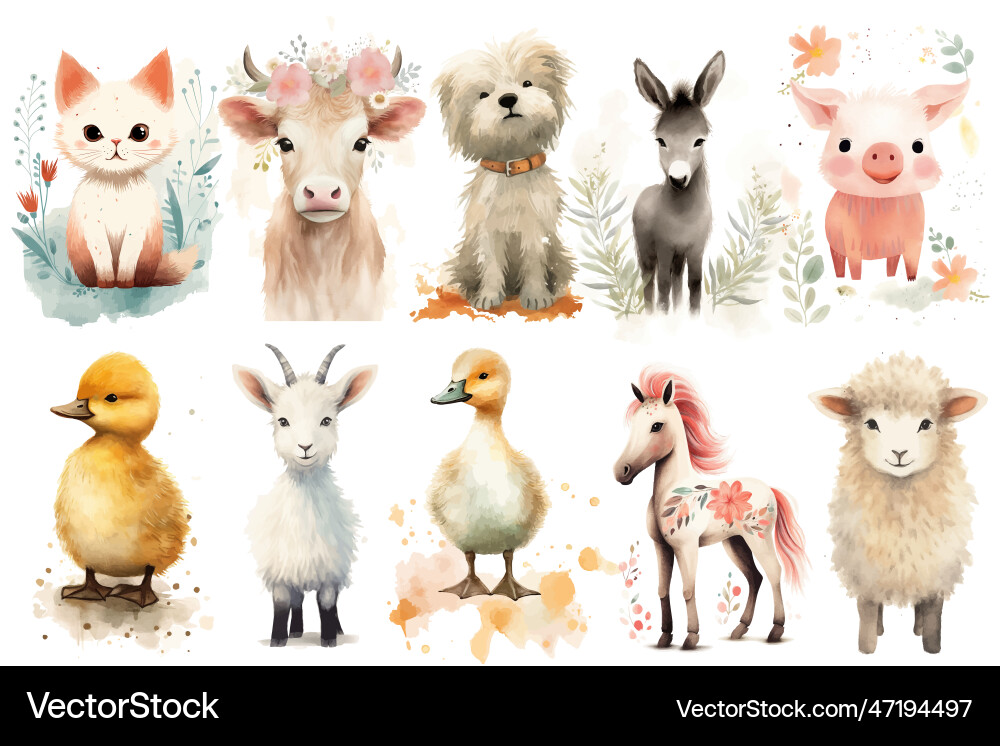 Adorable Watercolor Animals Royalty Free Vector Image