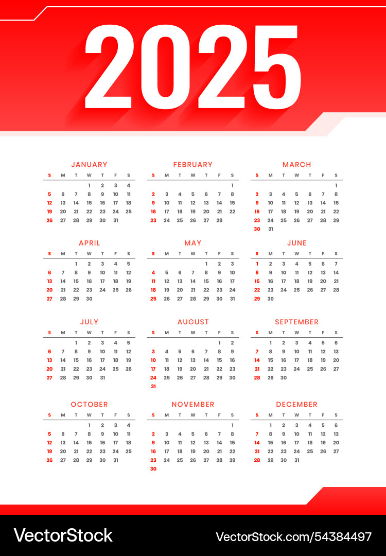 White red 2025 full page calendar layout office Vector Image