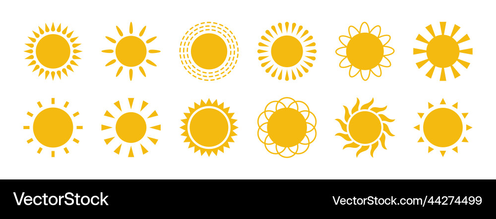 Yellow flat sun with rays icons in various design Vector Image