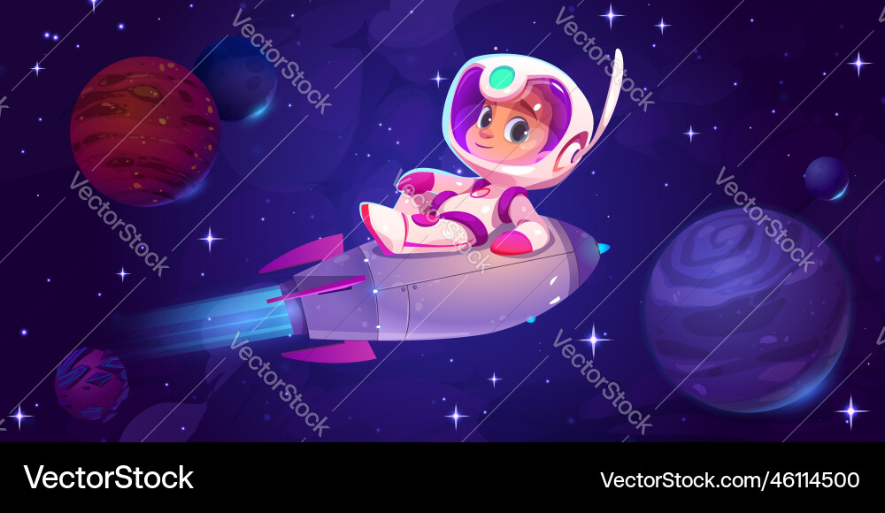 Cute cartoon astronaut flying on rocket in space Vector Image