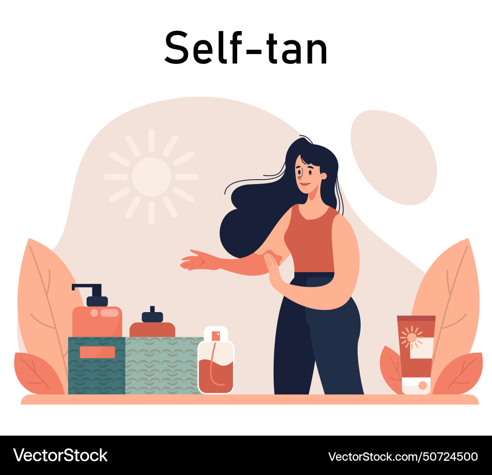 Self-tan set beautiful woman applying self Vector Image