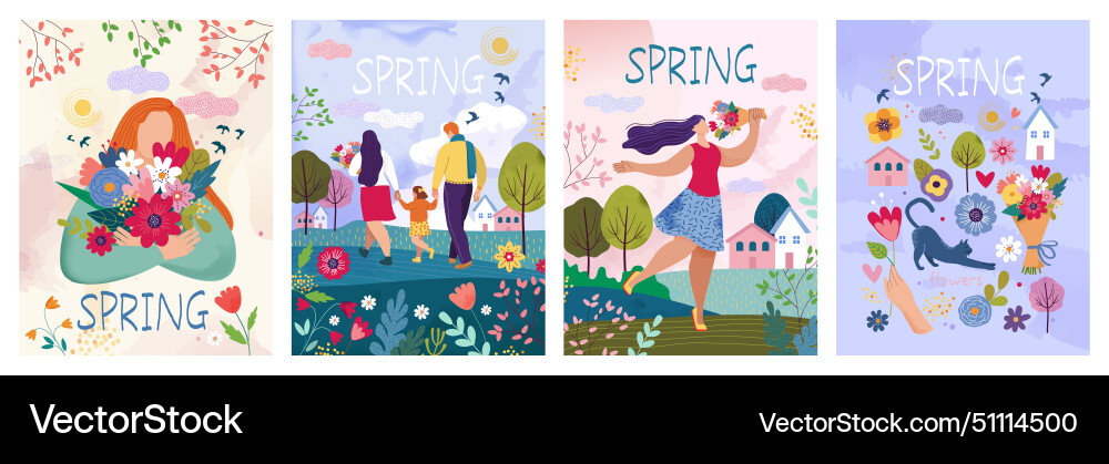 Spring posters family flowers tree and people Vector Image