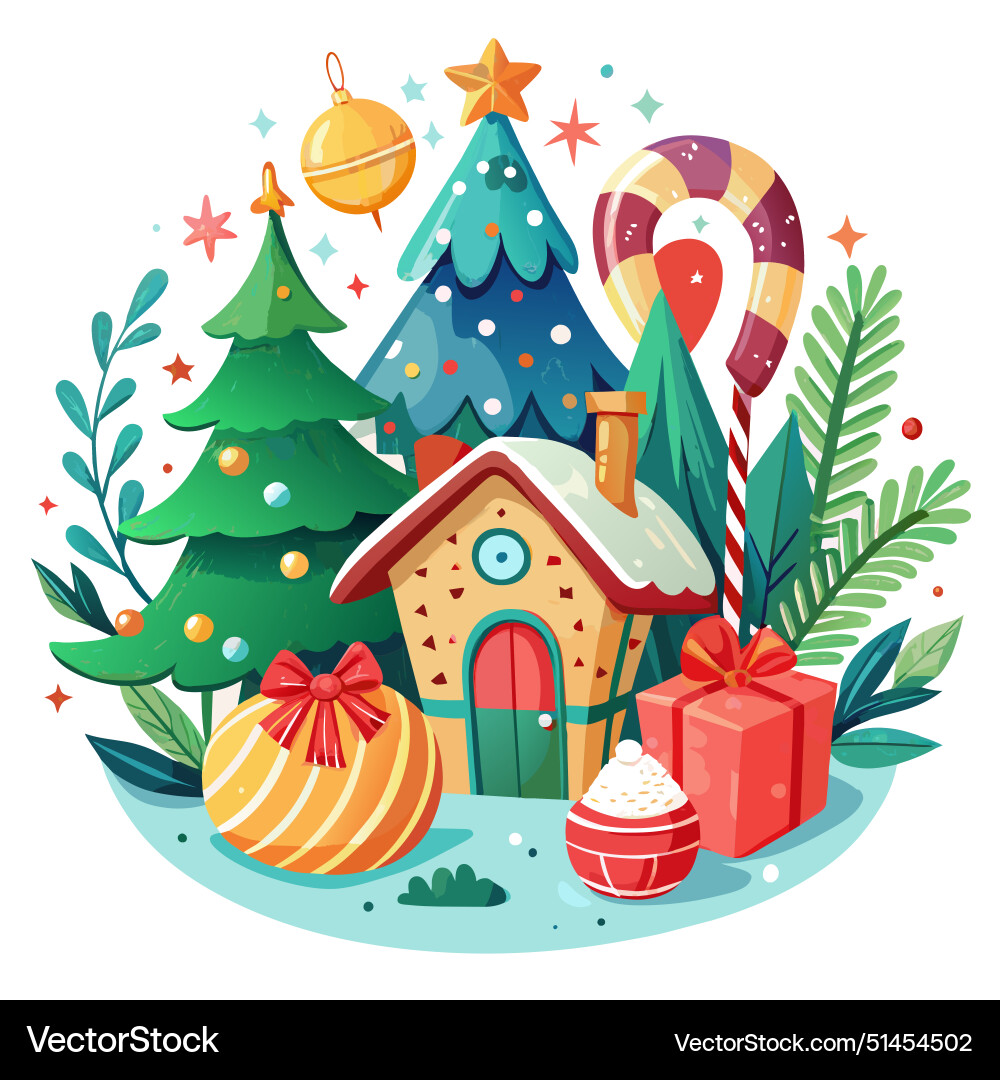 A christmas scene with house trees and candy Vector Image