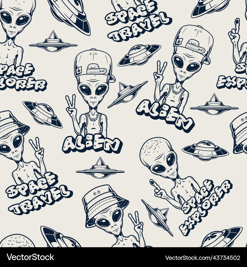 Space alien monochrome seamless pattern Royalty Free Vector
