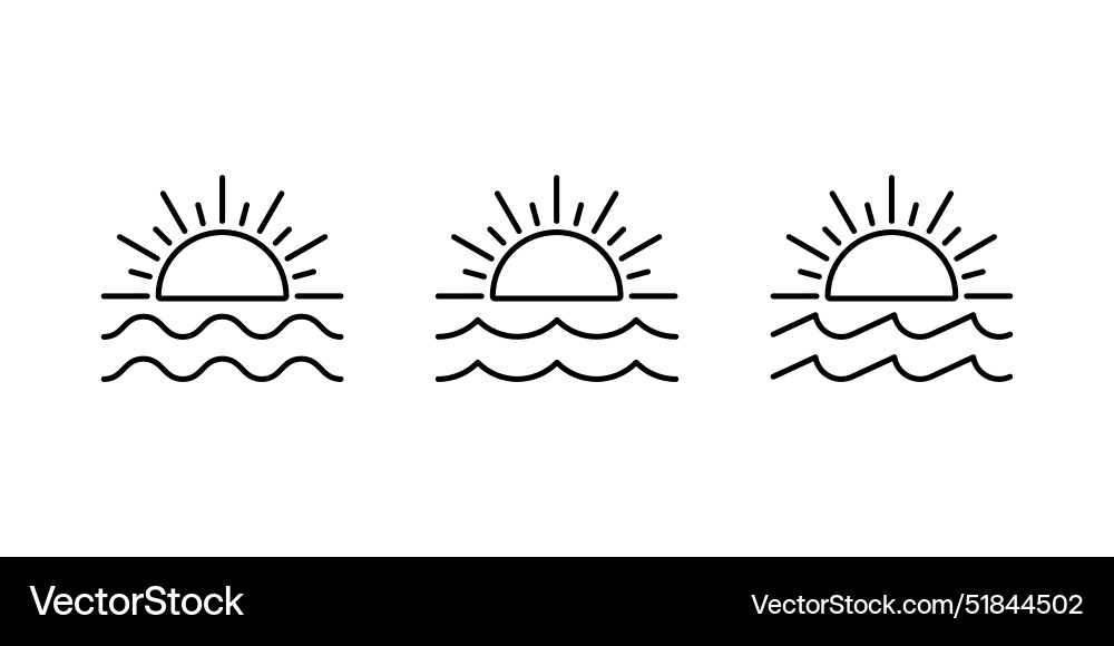 Sun and water wave line icon set sunset Royalty Free Vector