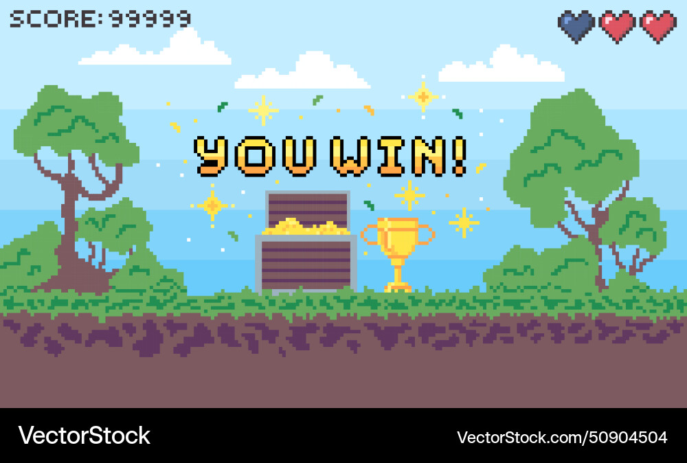 Cartoon color pixel game win screen Royalty Free Vector