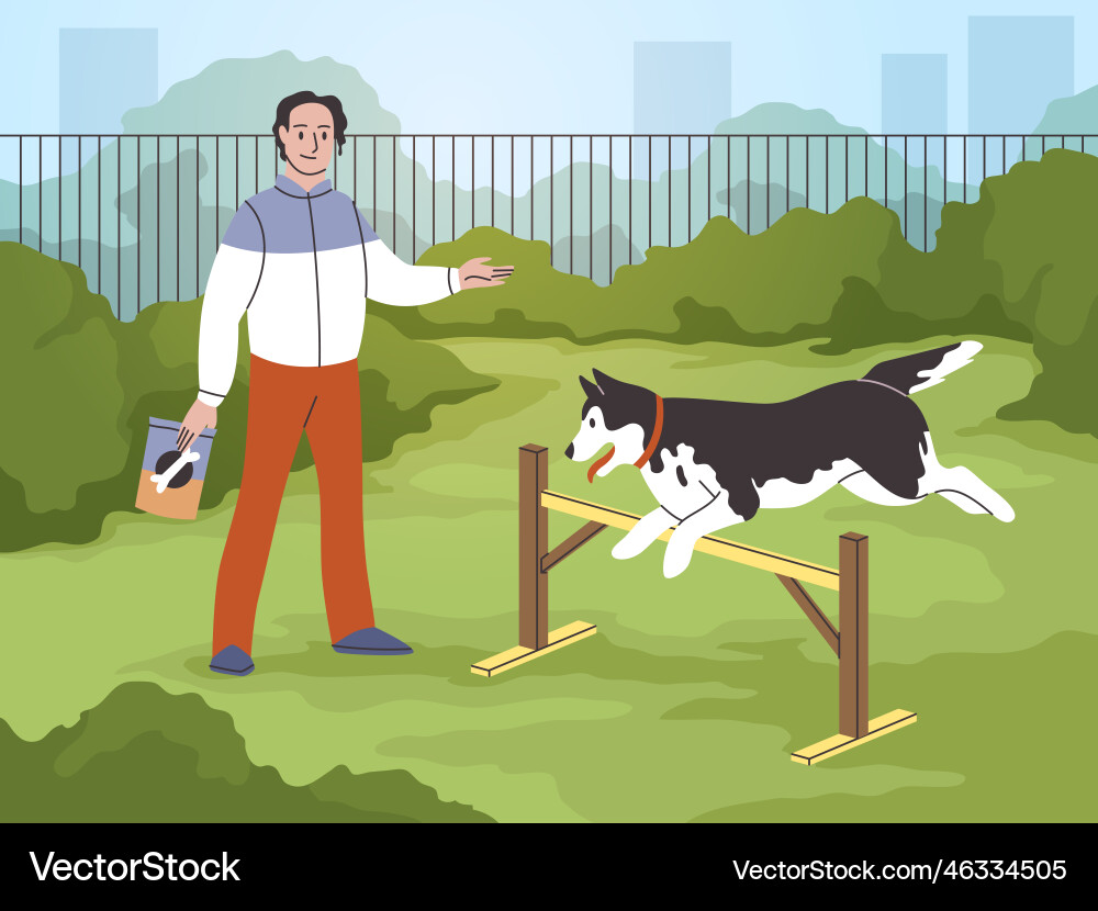 Man train dog guy teaches pet Royalty Free Vector Image
