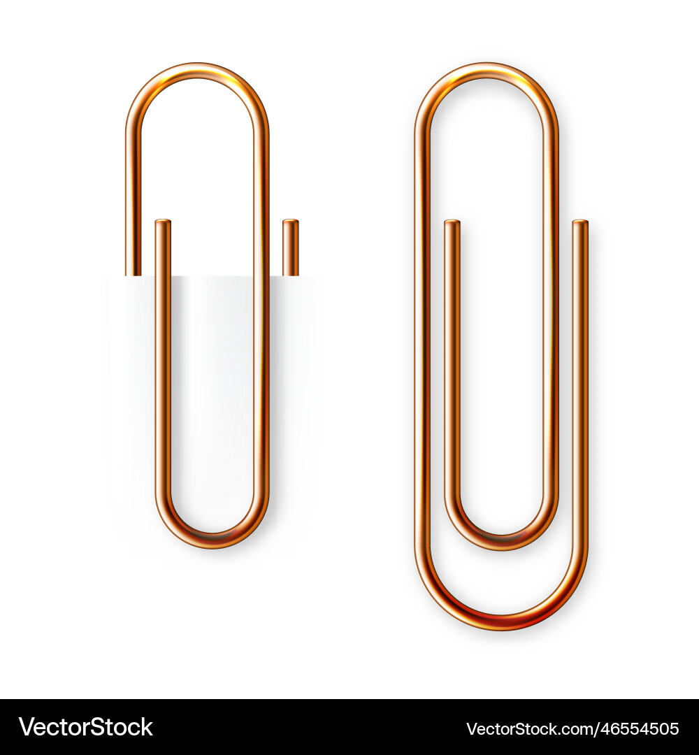 Realistic copper paperclip attached to paper Vector Image