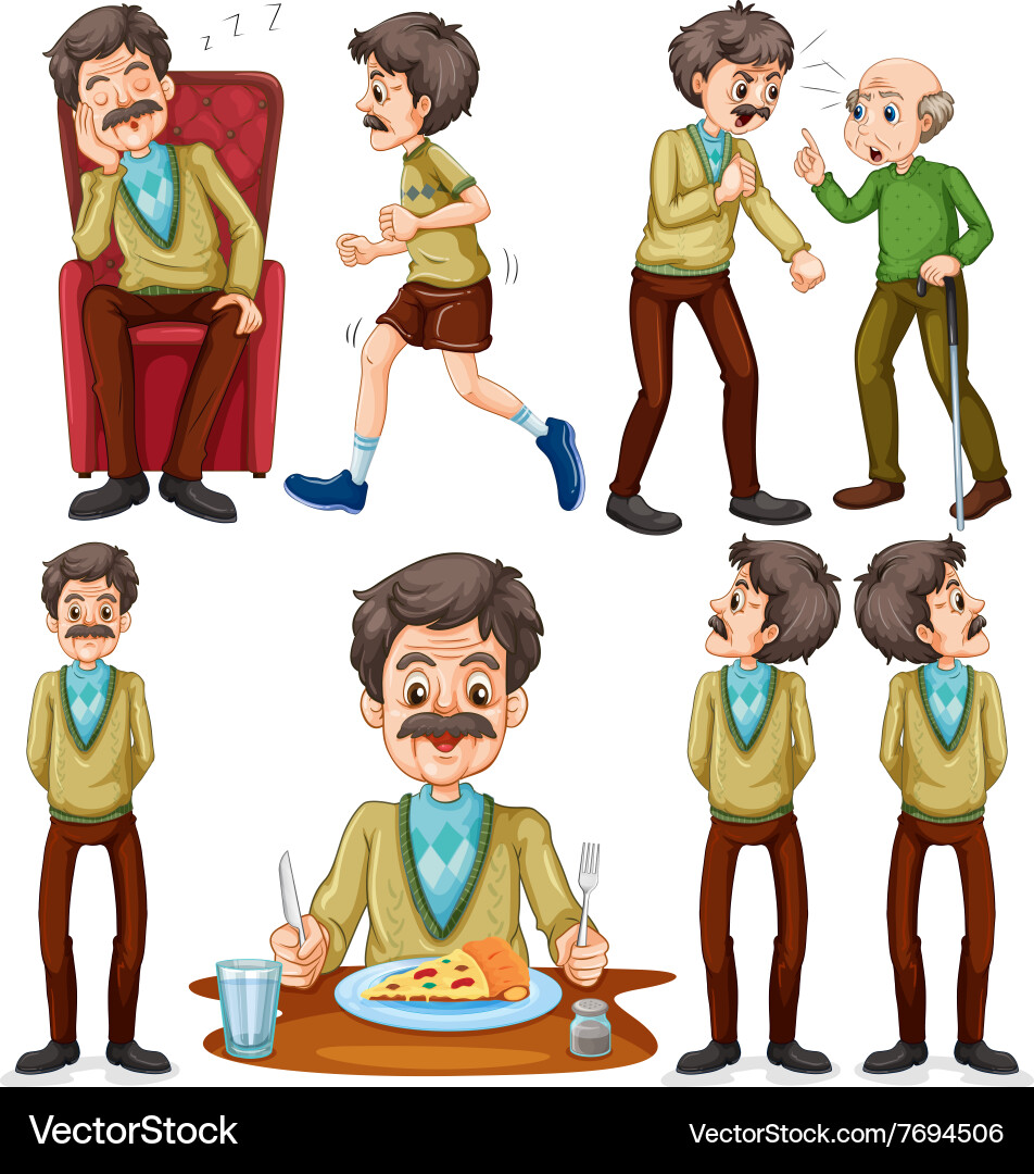 Old man doing different activities Royalty Free Vector Image