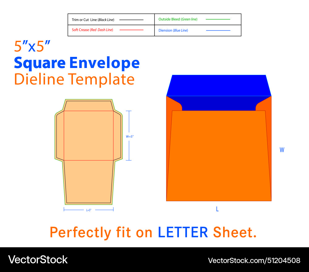 Square envelope w 5 l inches dieline template Vector Image