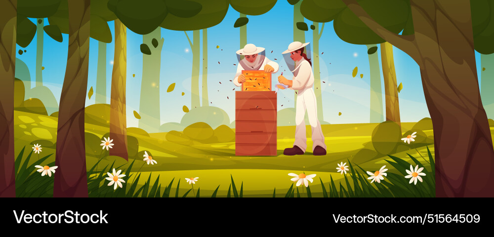 Beekeeper with beehive boxes bee farm cartoon Vector Image