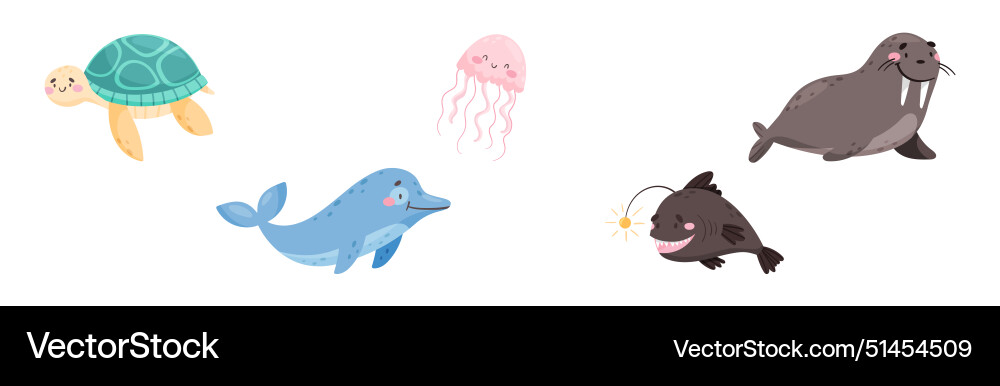 Cute sea animal with smiling face set Royalty Free Vector