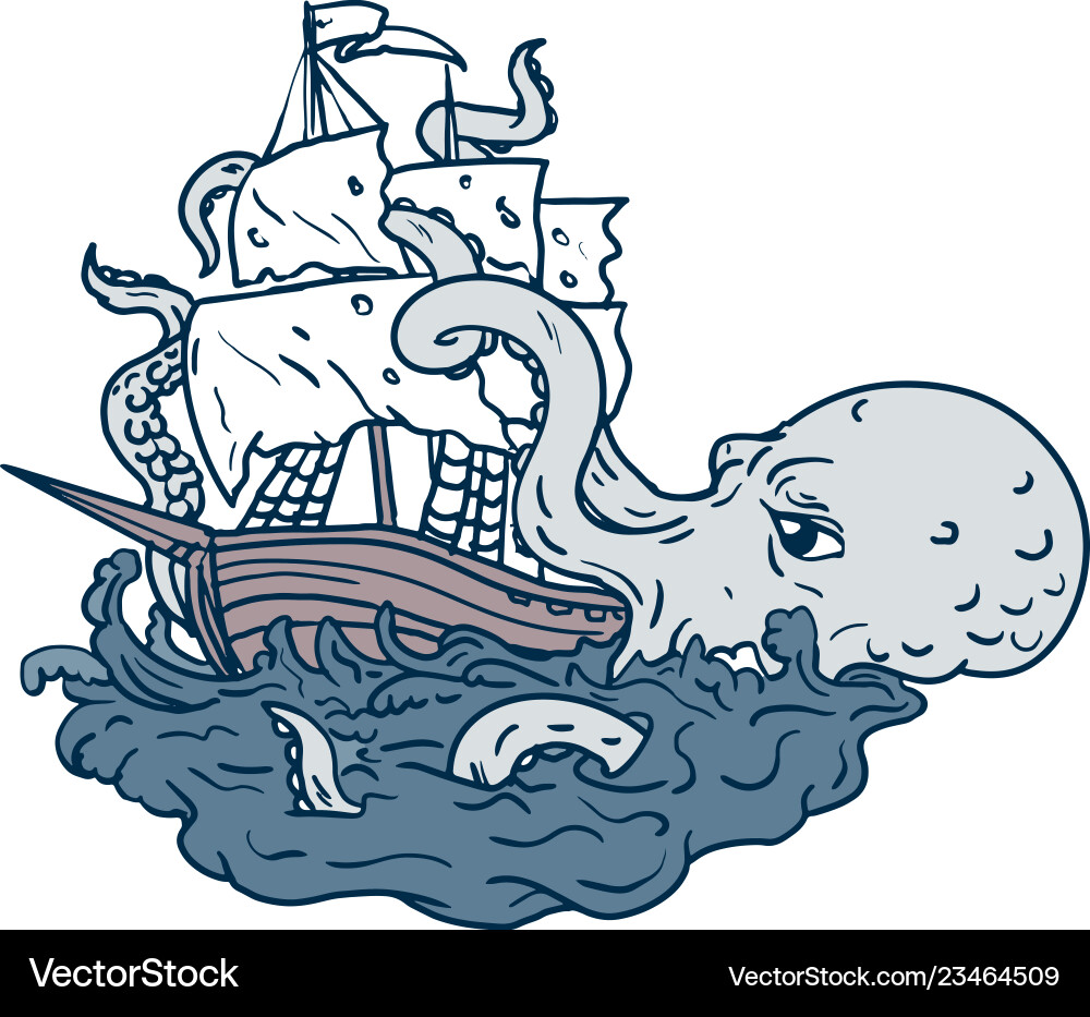 Kraken attacking sailing galleon doodle art color Vector Image