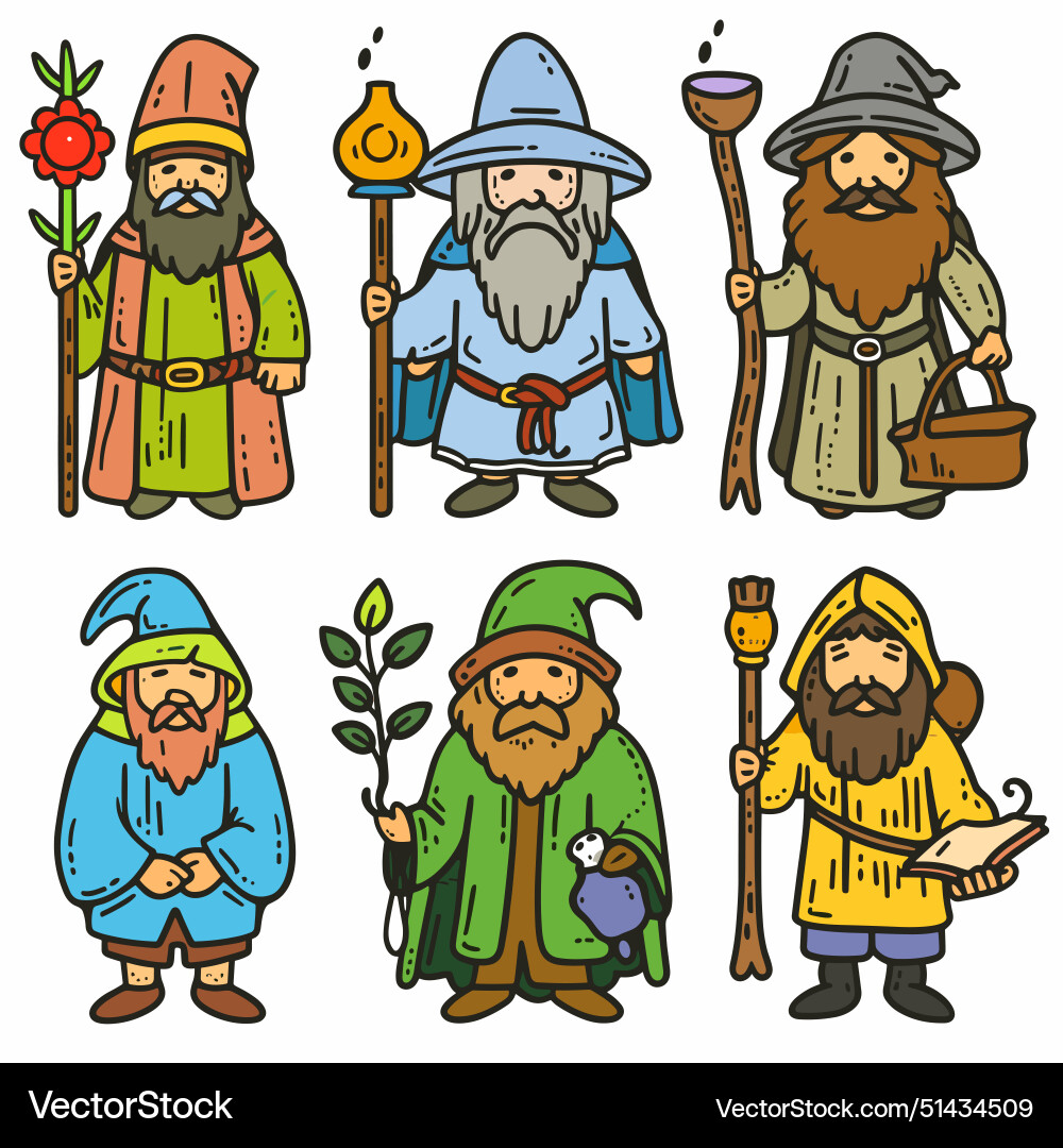 Set six cartoon wizards druids holding magical Vector Image
