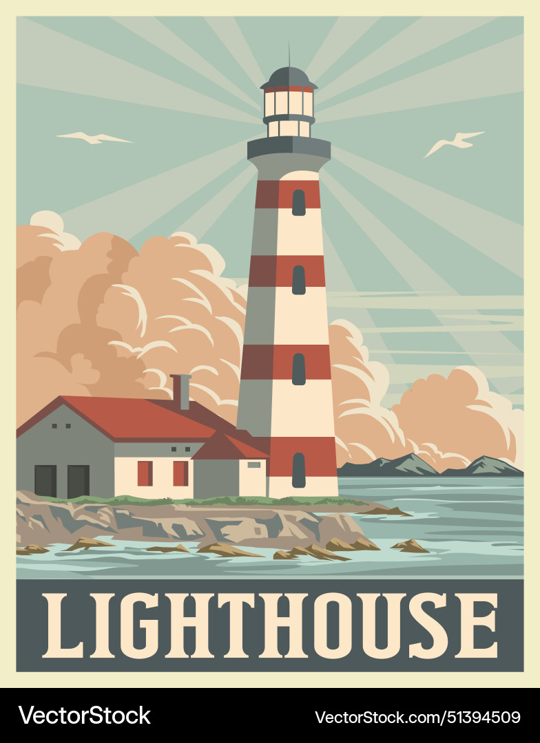 Vintage retro lighthouse poster design Royalty Free Vector
