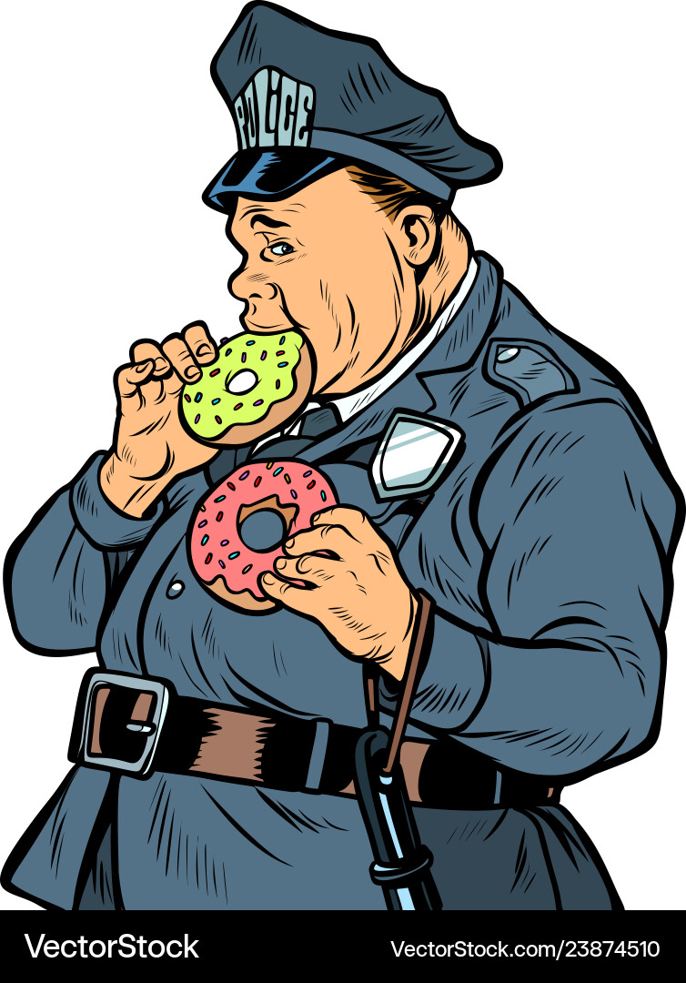 Cop eats donut isolate on white background Vector Image