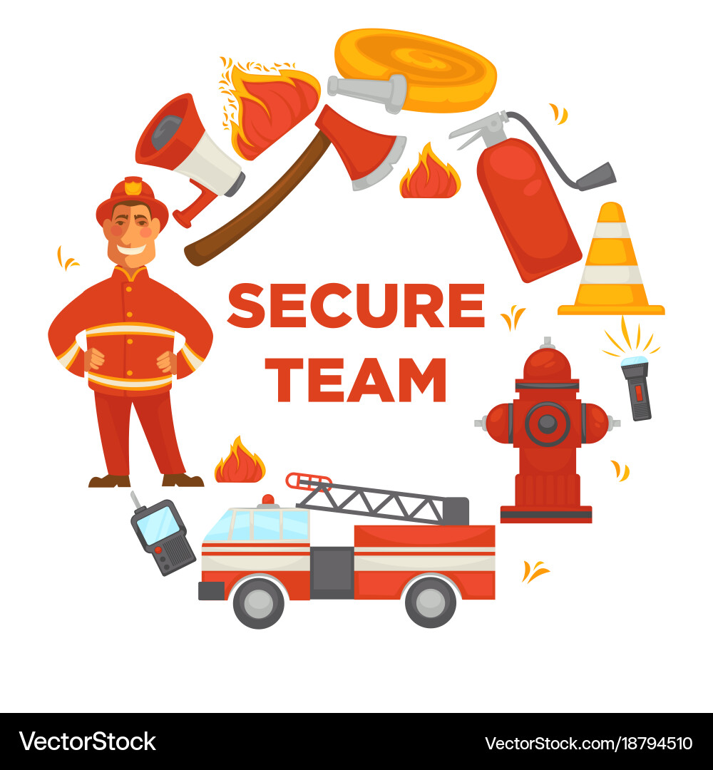 Fire protection secure team poster of firefighter Vector Image