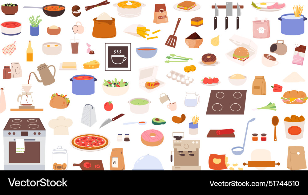 Kitchen elements food cooking equipment crockery Vector Image