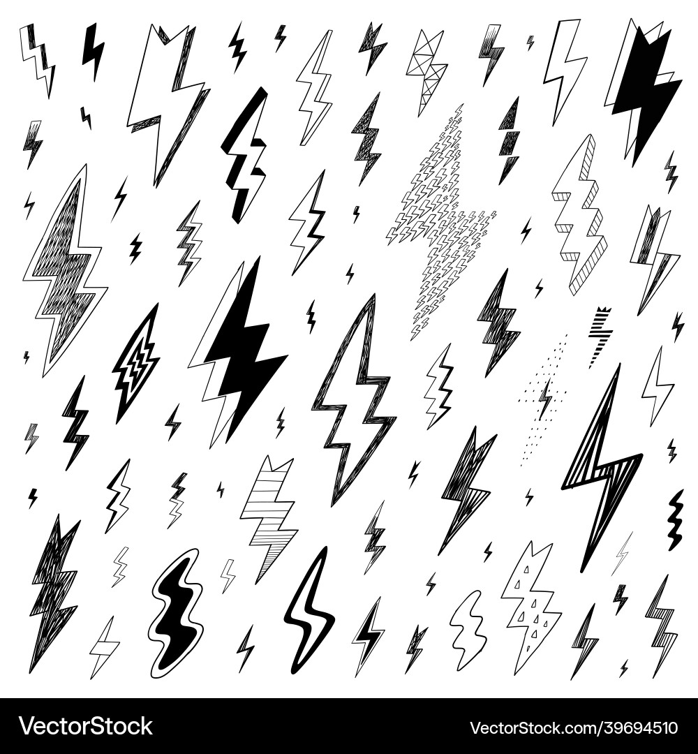 Lightning Doodle Set - Electric Symbols Royalty Free Vector