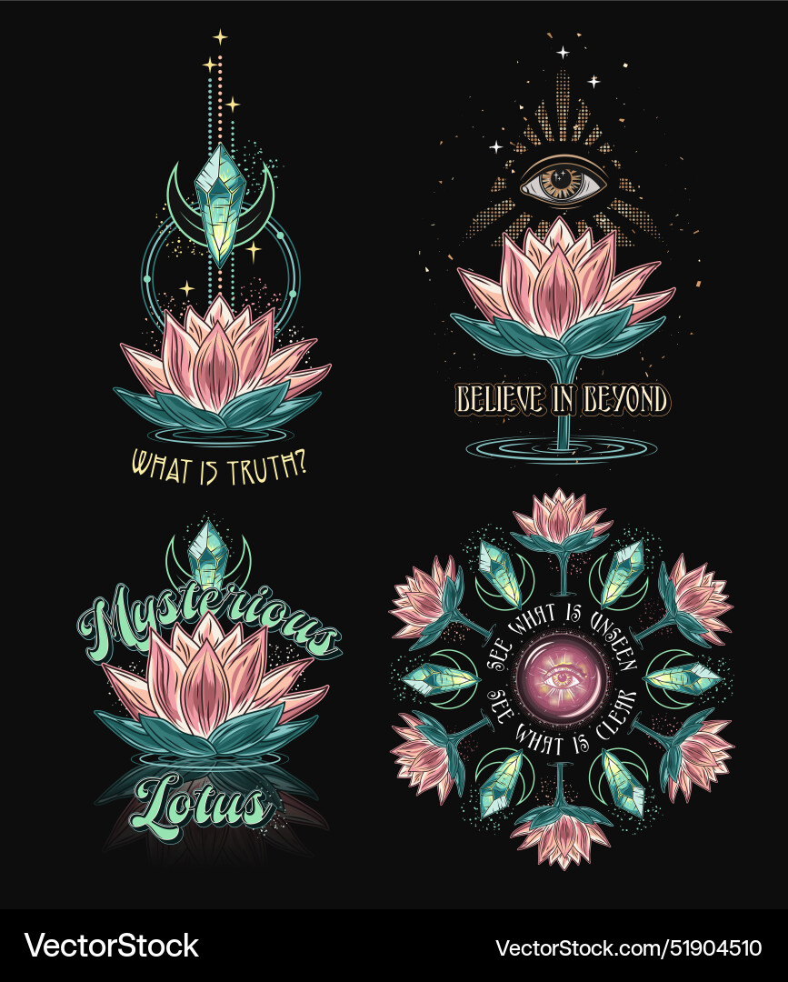 Mysterious labels with lotus crystals text Vector Image
