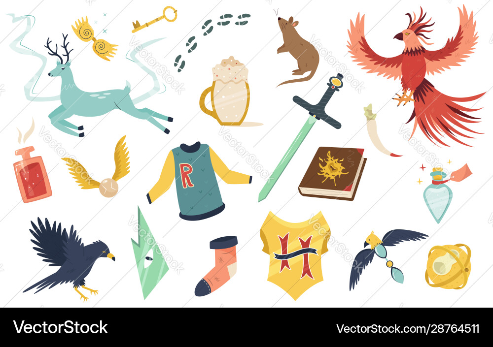 Big bright set with magic creatures and items Vector Image