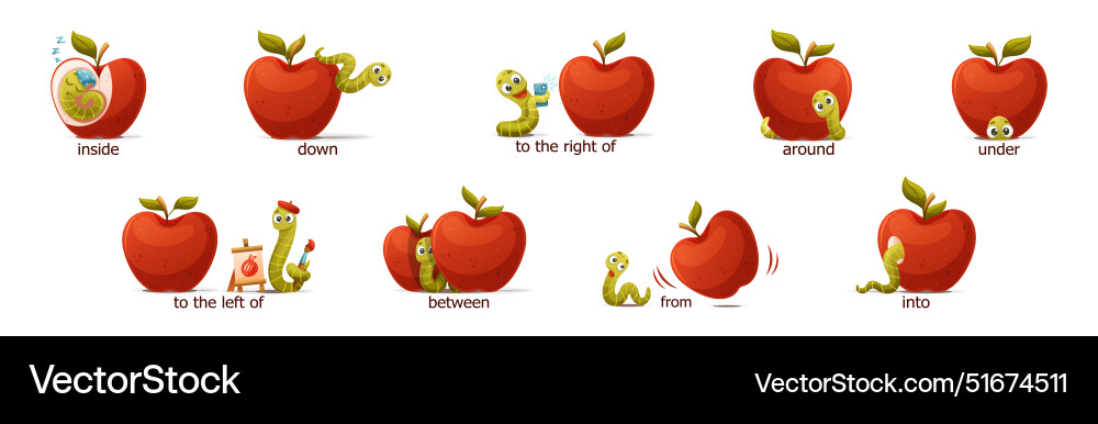 Red apple with green worm as english preposition Vector Image