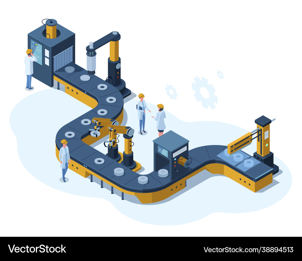 Isometric factory automated mechanised conveyor Vector Image