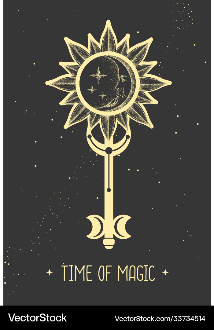 Witchcraft card with key sign on space background Vector Image