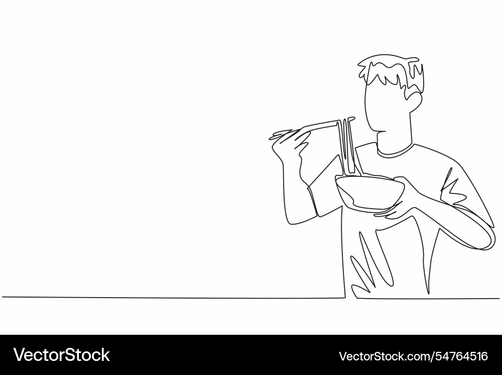 Single one line drawing man devouring ramen Vector Image