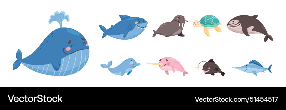 Cute sea animal with smiling face set Royalty Free Vector