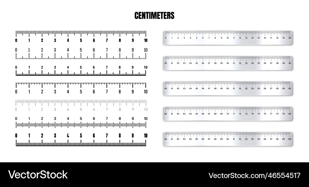 Realistic metal rulers with black centimeter scale