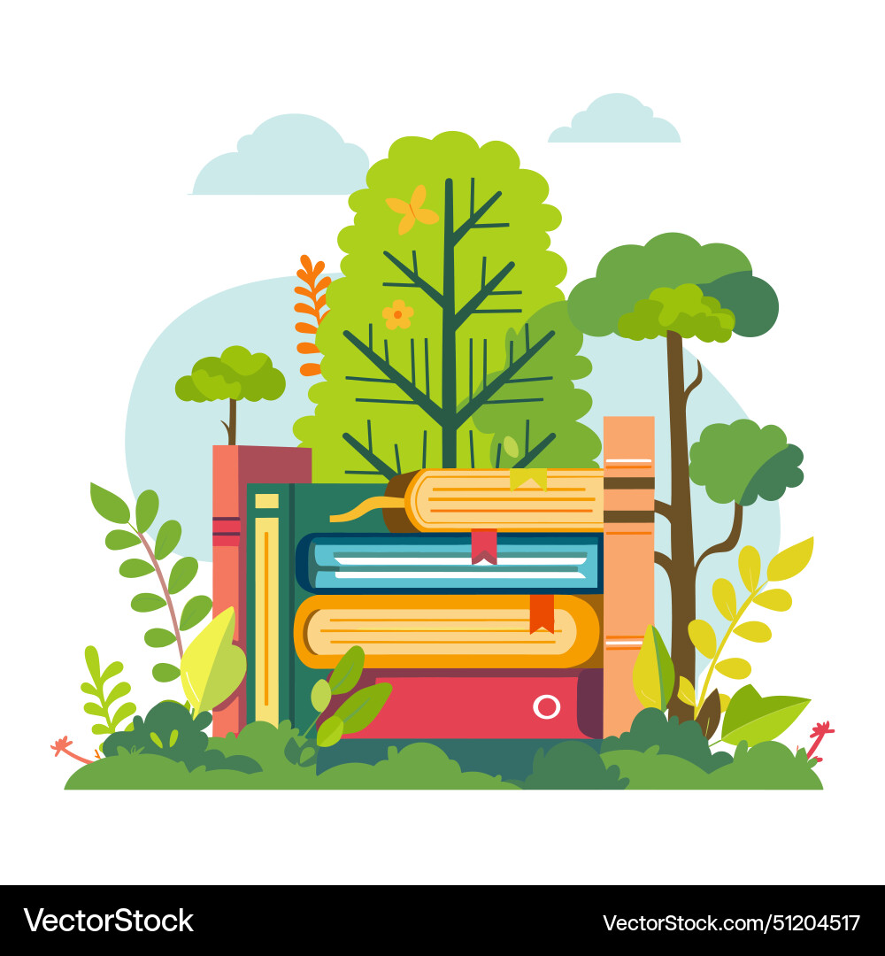 Stack colorful books among green trees plants Vector Image